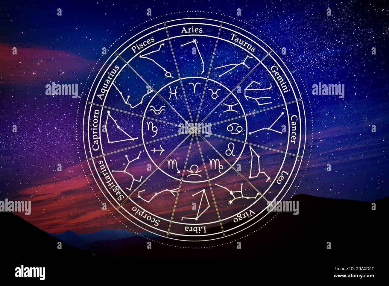 Zodiac wheel on mountain landscape with starry sky as background ...