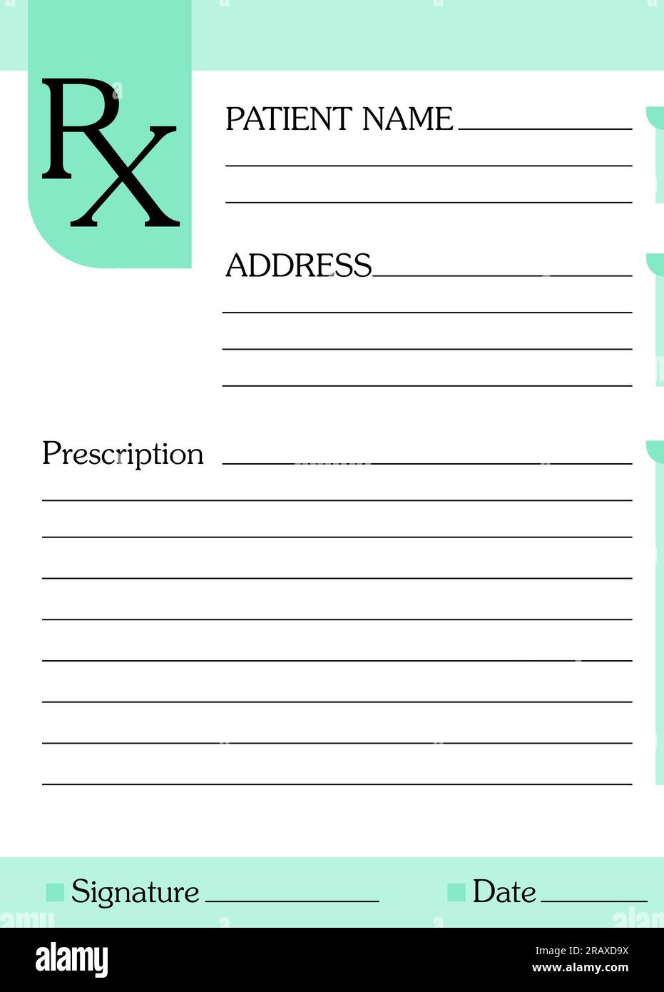 Medical prescription form with empty fields (Patient Name, Address ...