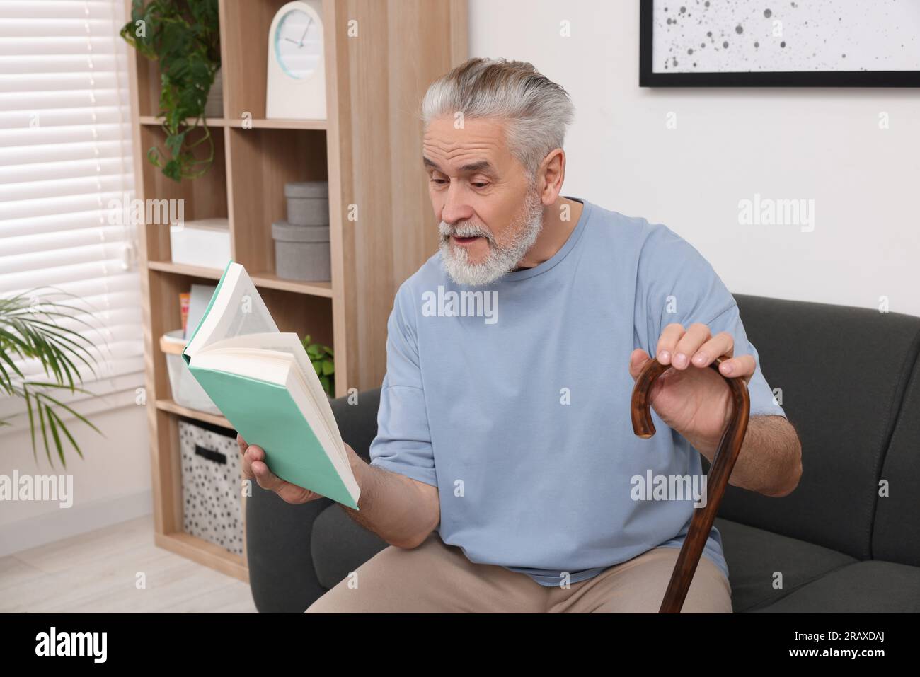 Senior man with walking cane reading book on sofa at home Stock Photo ...