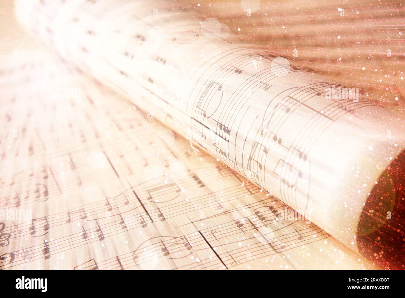 Sheets with music notes, closeup. Bokeh and color tone effects Stock ...