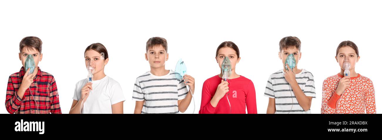 Inhalation therapy. Collage with photos of kids using nebulizers on ...