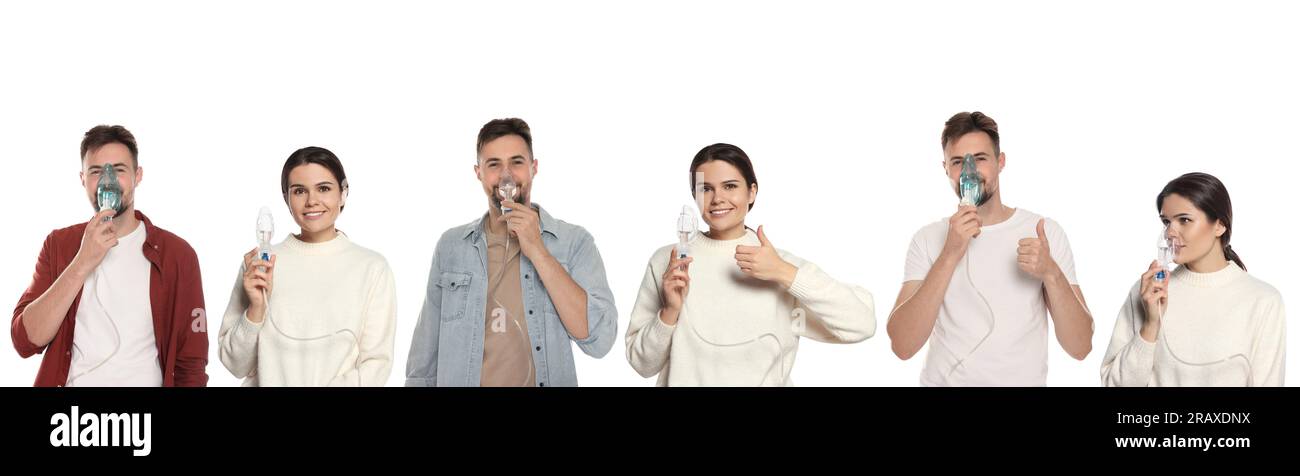 Inhalation therapy. Collage with photos of people using nebulizers on ...