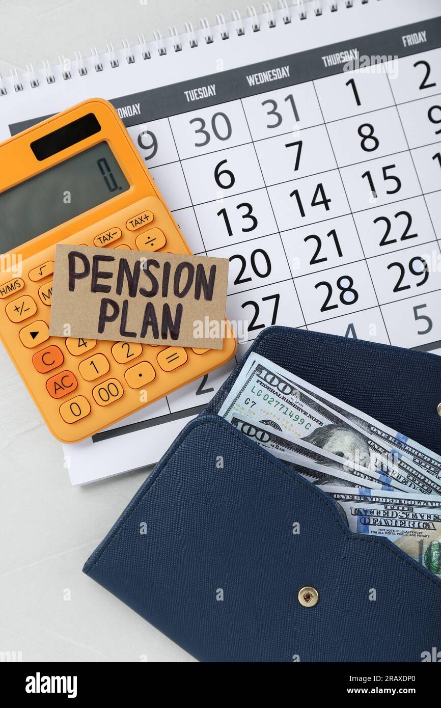 Card with phrase Pension Plan, dollar banknotes, calculator and ...