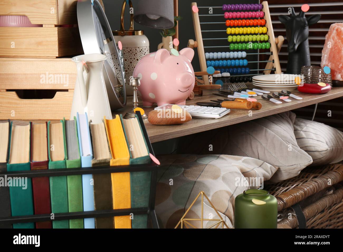Many different stuff in room. Garage sale Stock Photo - Alamy