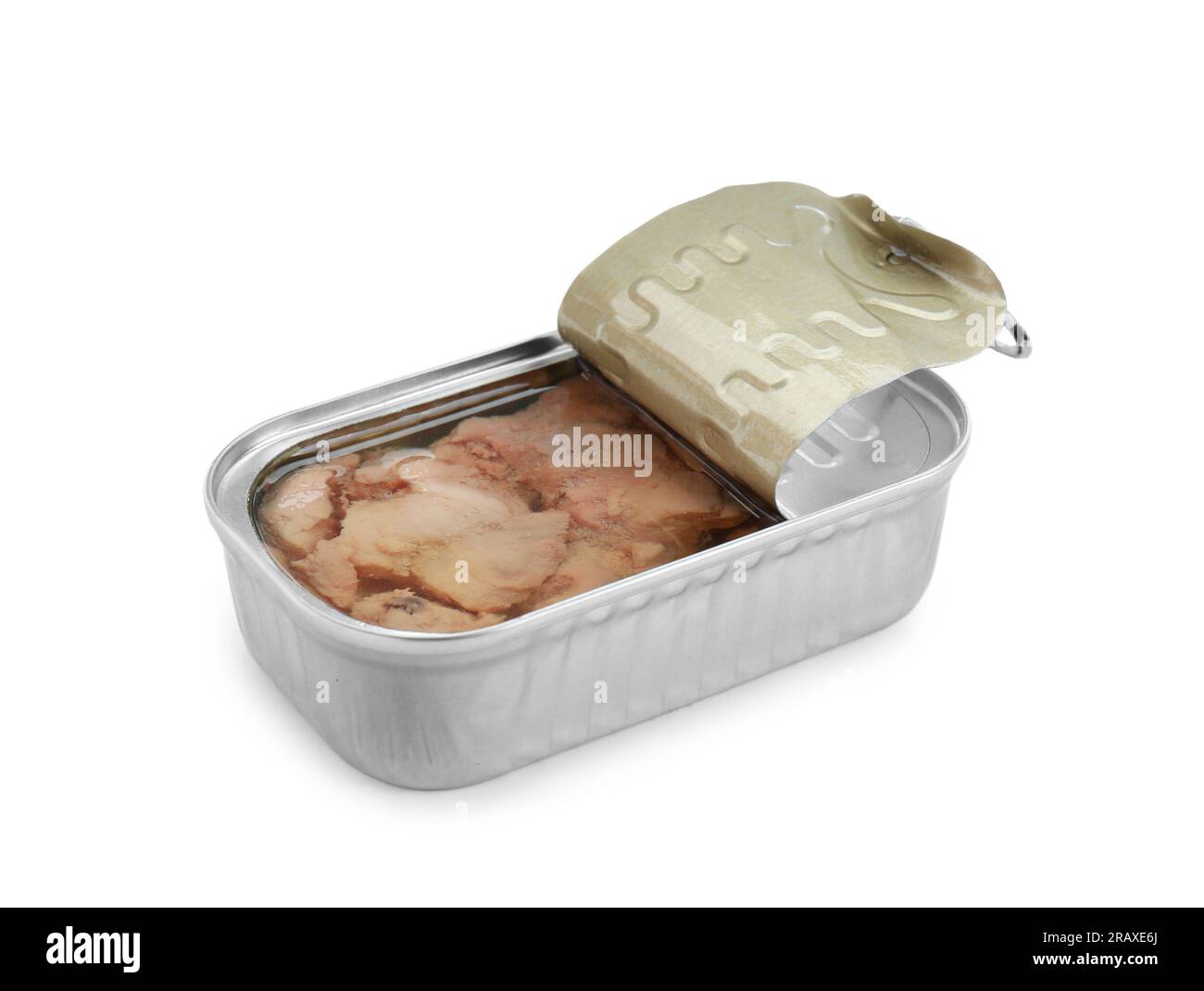 Open tin can of tasty cod liver on white background Stock Photo - Alamy