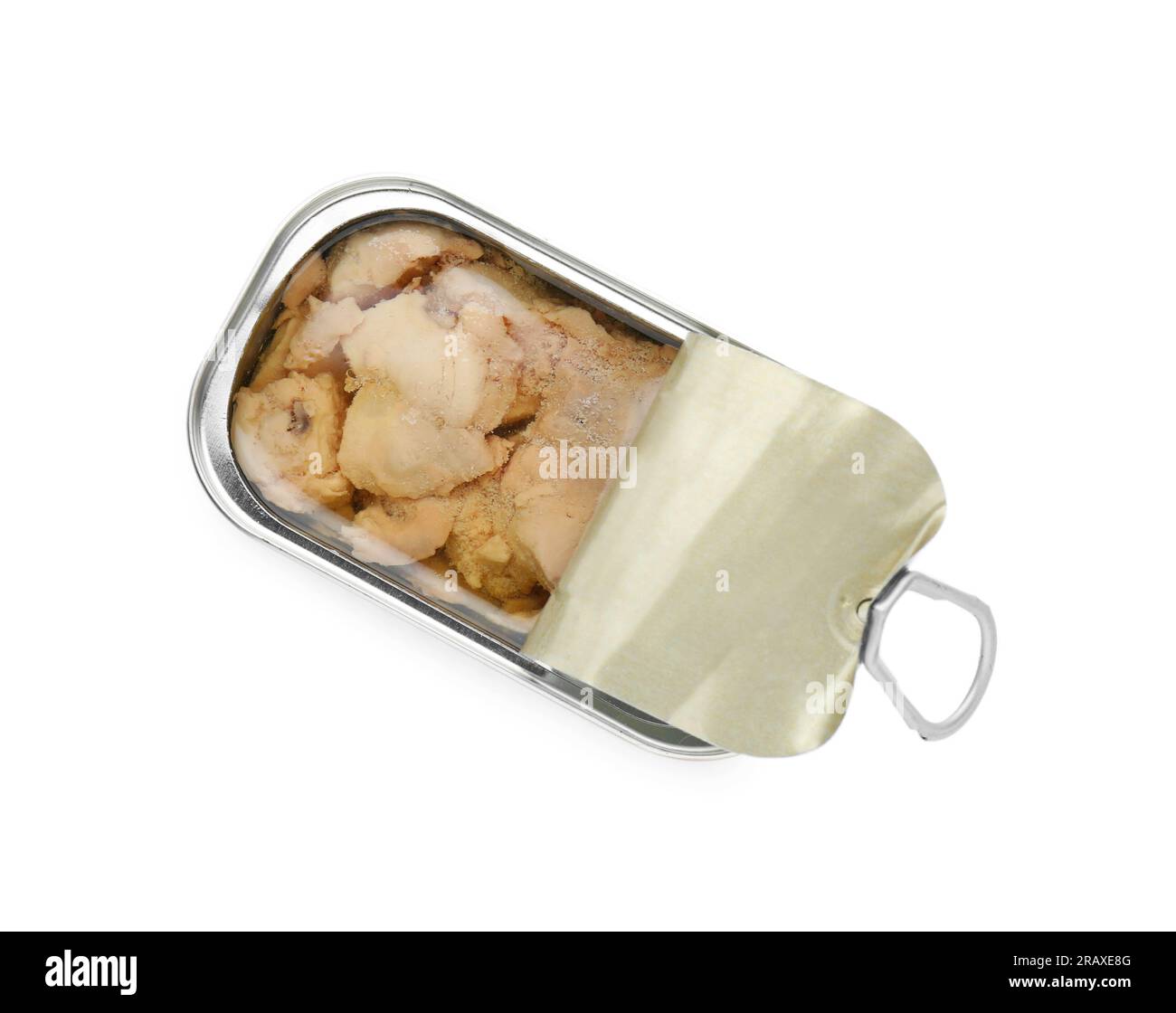 Open tin can of tasty cod liver on white background, top view Stock ...