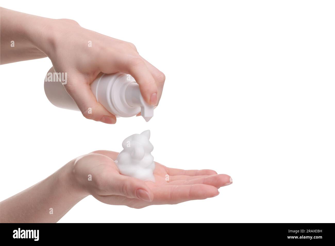 Woman applying cleansing foam onto hand on white background, closeup ...