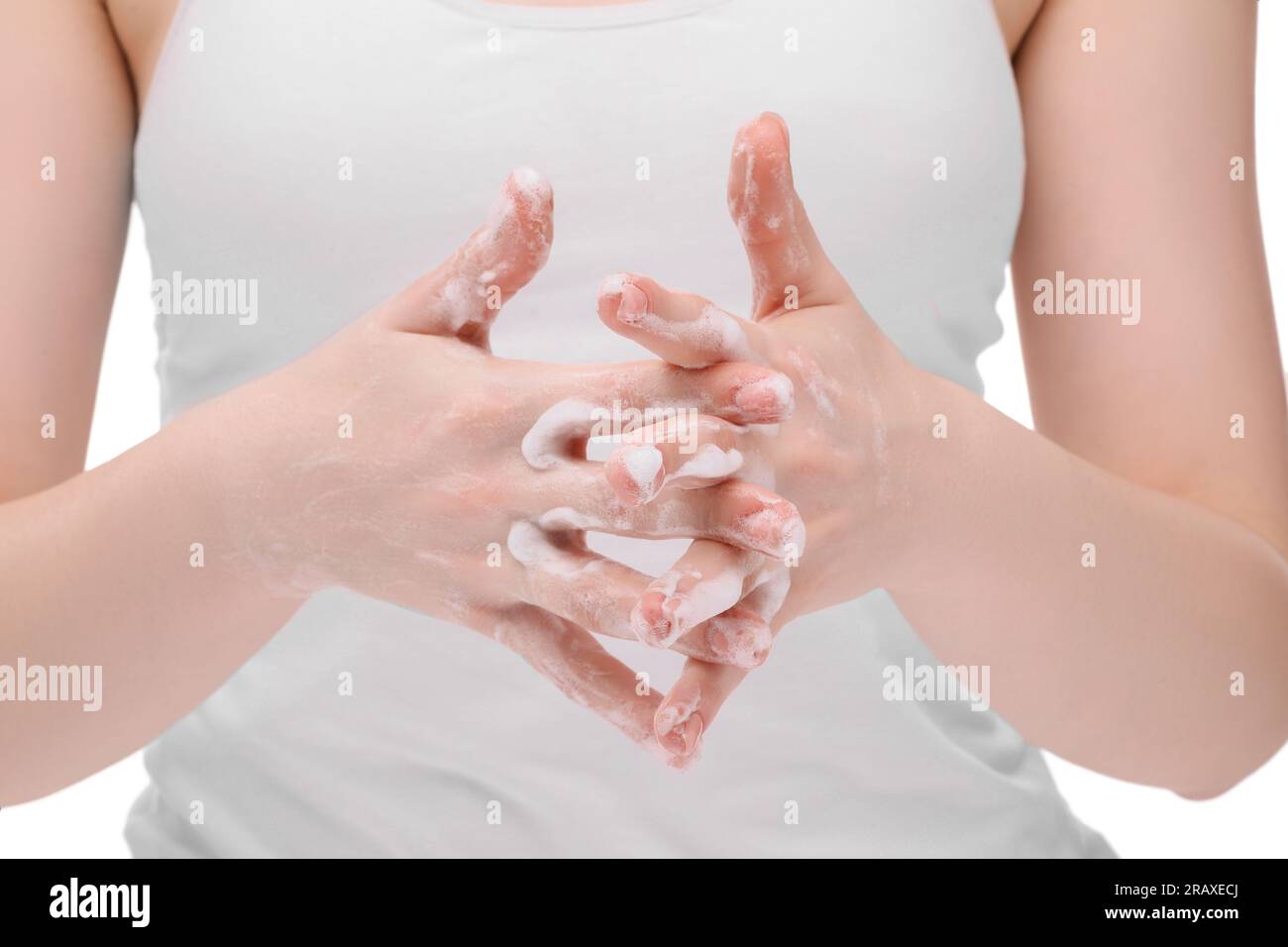 Woman with cleansing foam on hands against white background, closeup ...