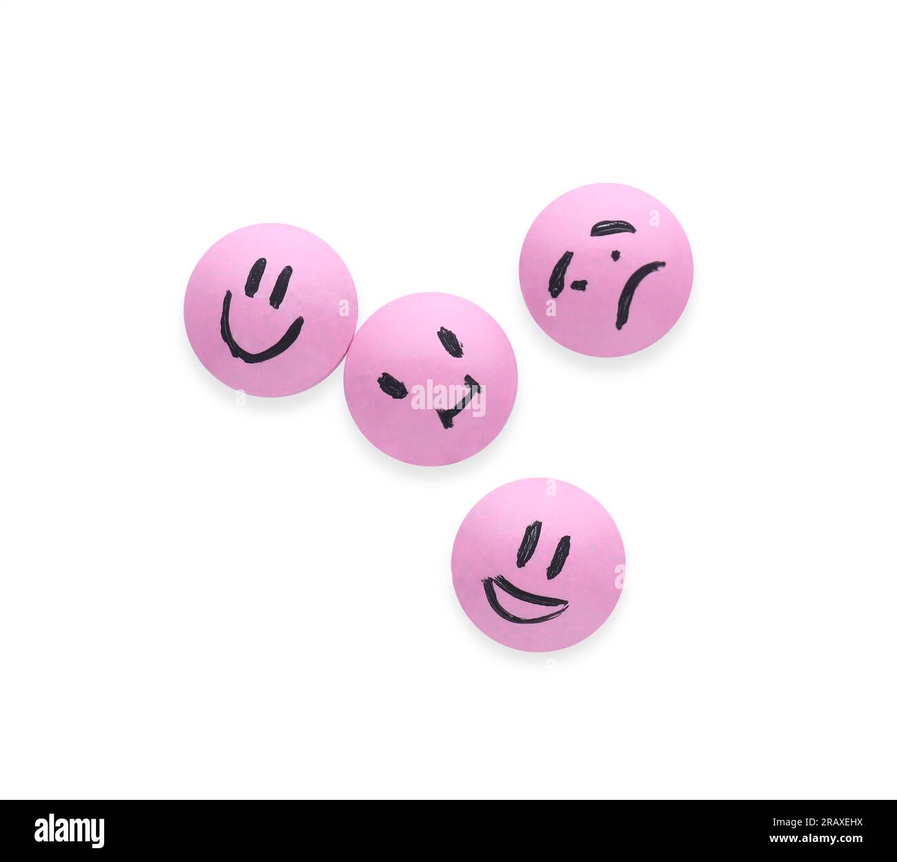Pink antidepressant pills with emotional faces isolated on white, top ...