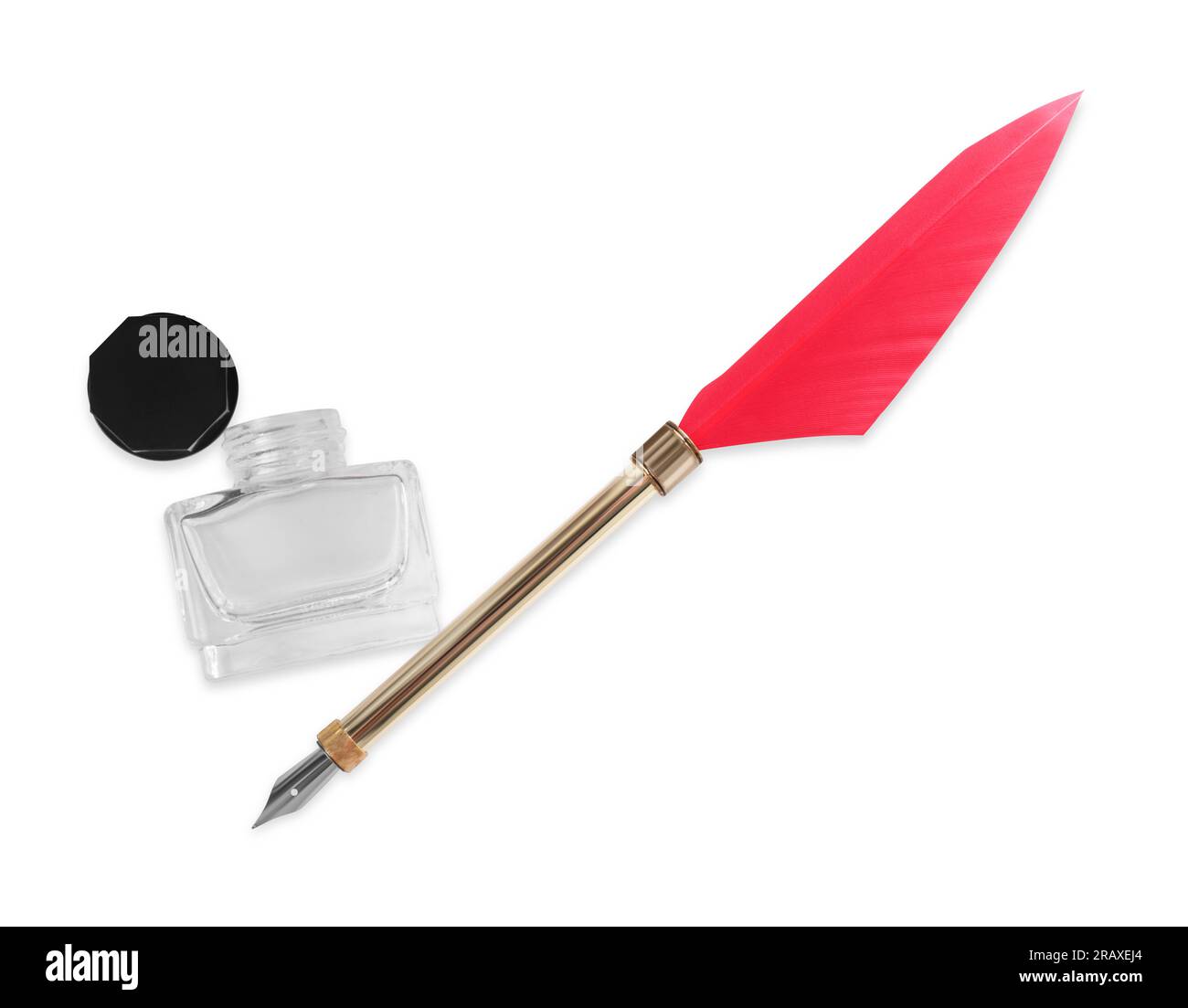 Feather pen and empty inkwell on white background, top view Stock Photo ...