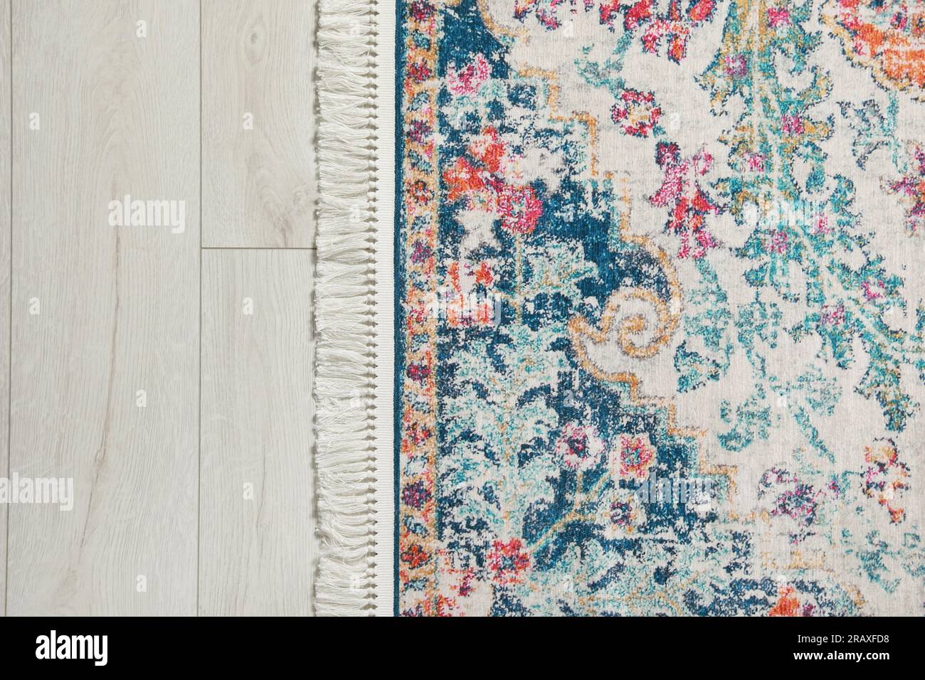 Carpet with beautiful pattern on floor, top view. Space for text Stock ...