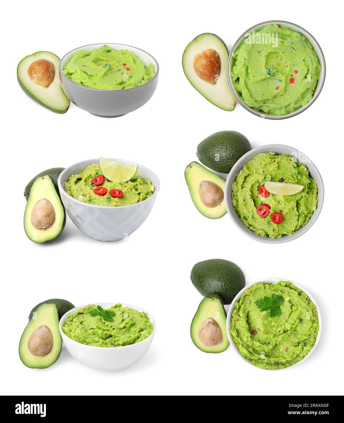 Collage of bowls with tasty guacamole and avocados on white background ...