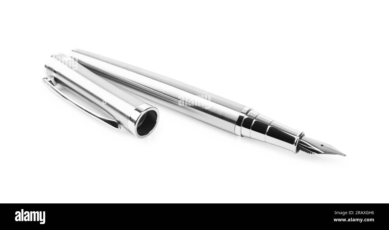 Stylish silver fountain pen isolated on white Stock Photo - Alamy