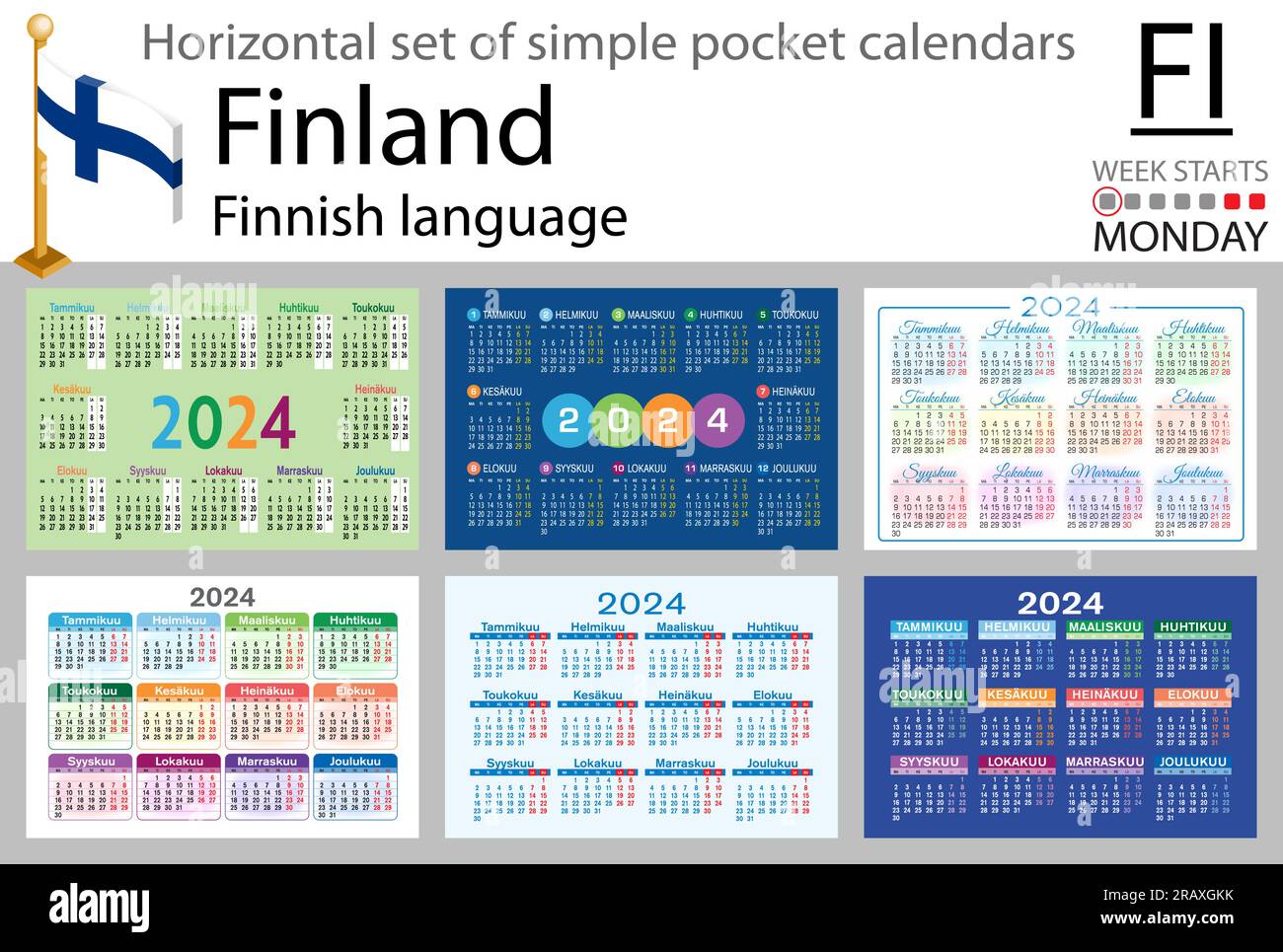 Finnish horizontal set of pocket calendar for 2024 (two thousand twenty ...