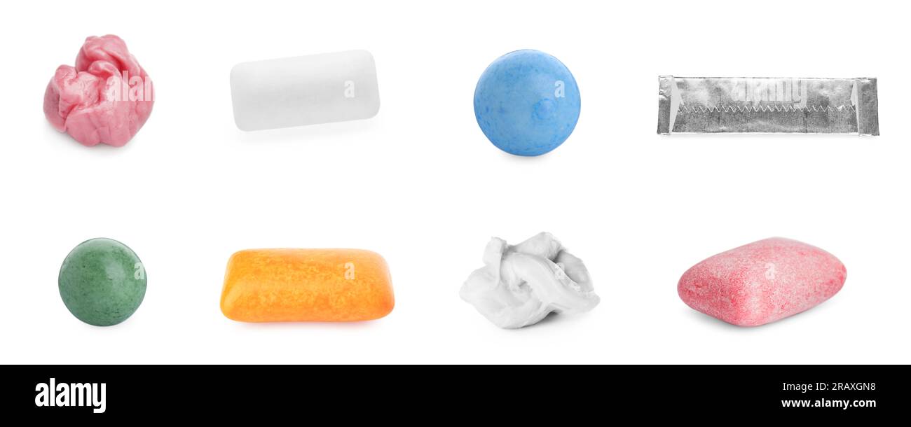 Set of different chewing gums on white background Stock Photo - Alamy