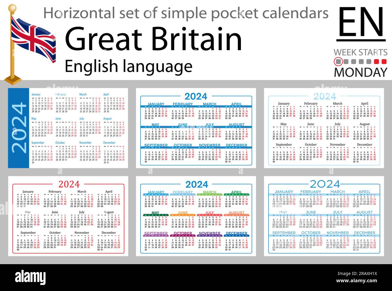 English horizontal set of pocket calendar for 2024 (two thousand twenty ...