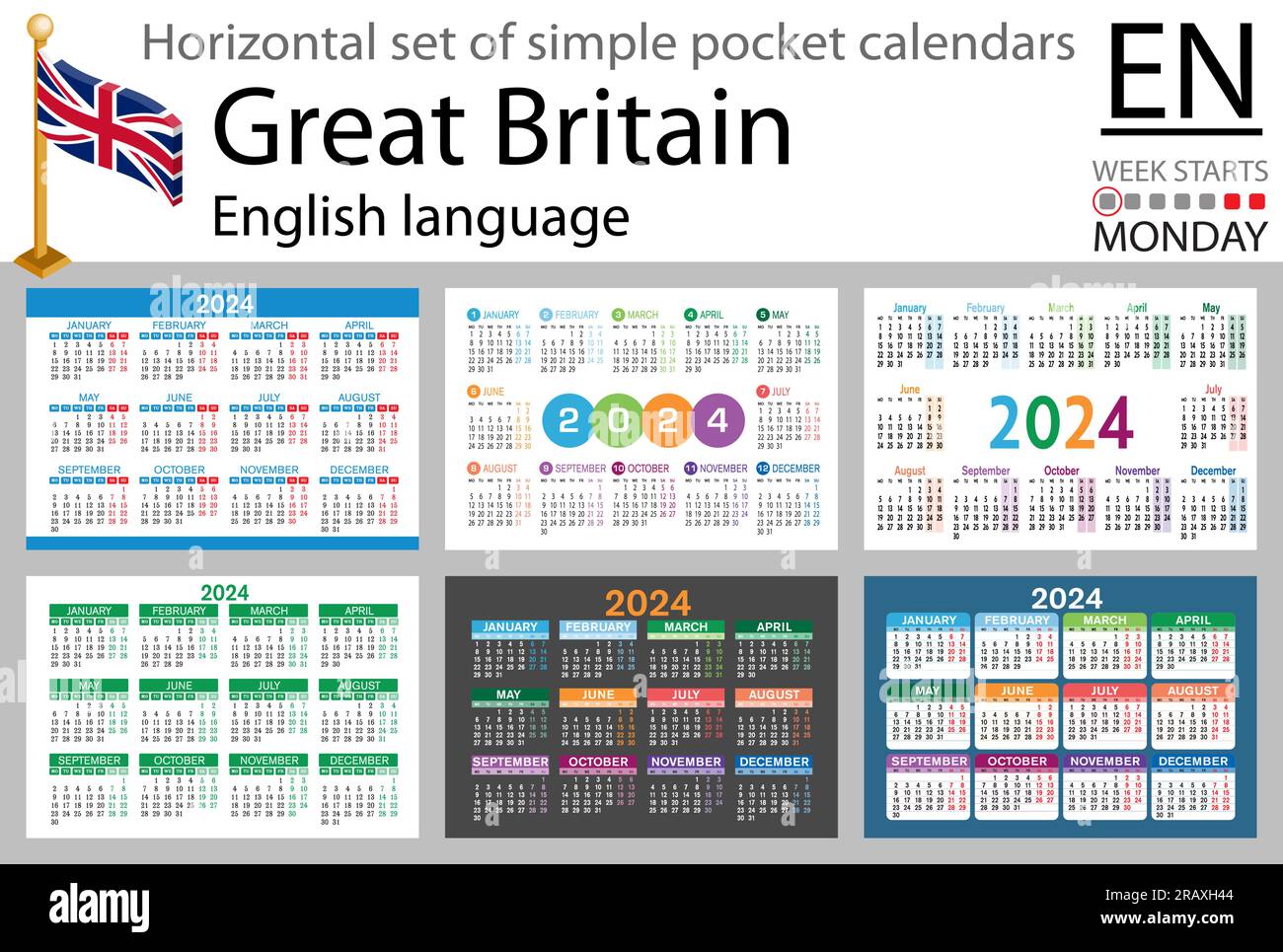 English horizontal set of pocket calendar for 2024 (two thousand twenty ...