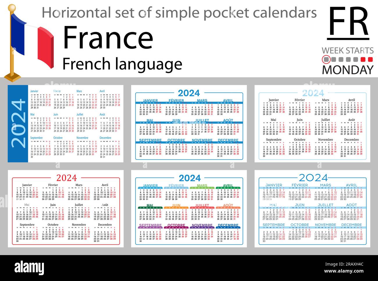 French horizontal set of pocket calendar for 2024 (two thousand twenty ...