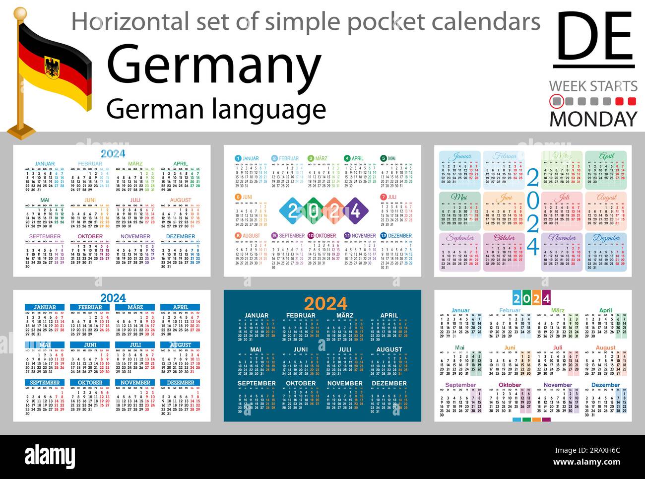 German horizontal set of pocket calendar for 2024 (two thousand twenty ...