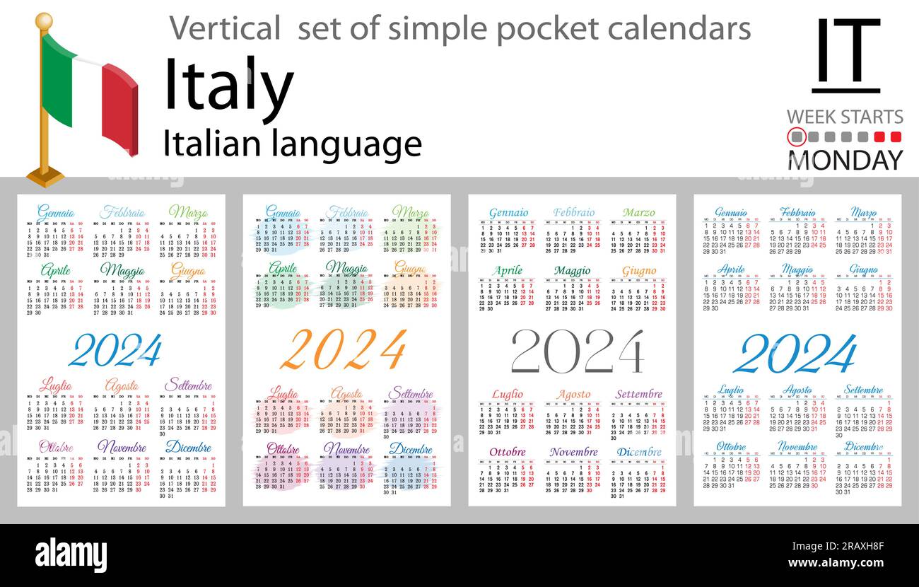 Italian vertical set of pocket calendar for 2024 (two thousand twenty ...