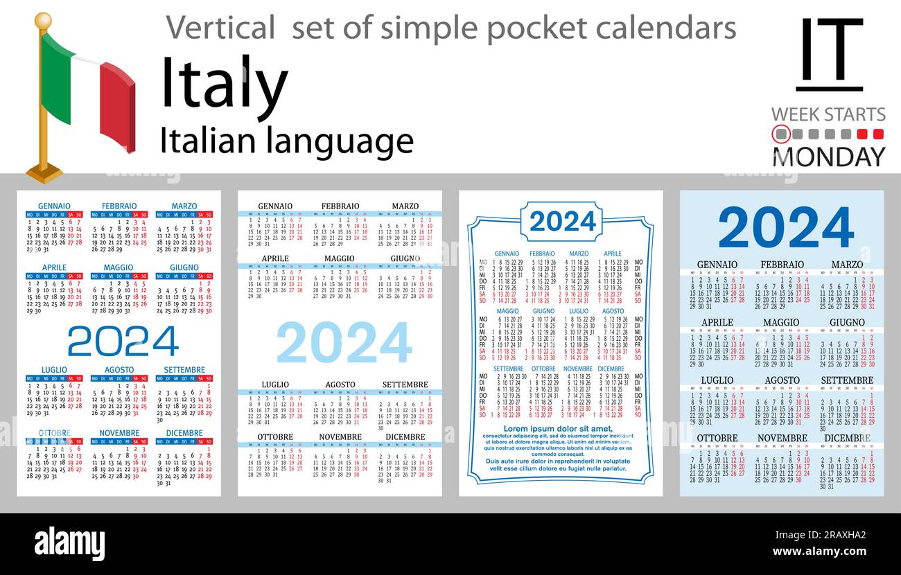 Italian vertical set of pocket calendar for 2024 (two thousand twenty ...