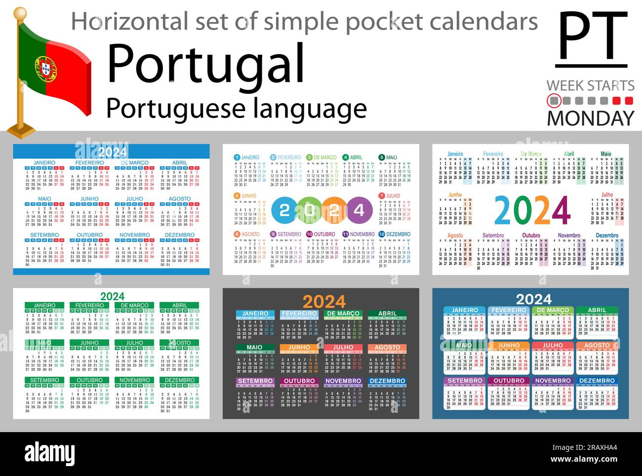 Portuguese horizontal set of pocket calendar for 2024 (two thousand ...