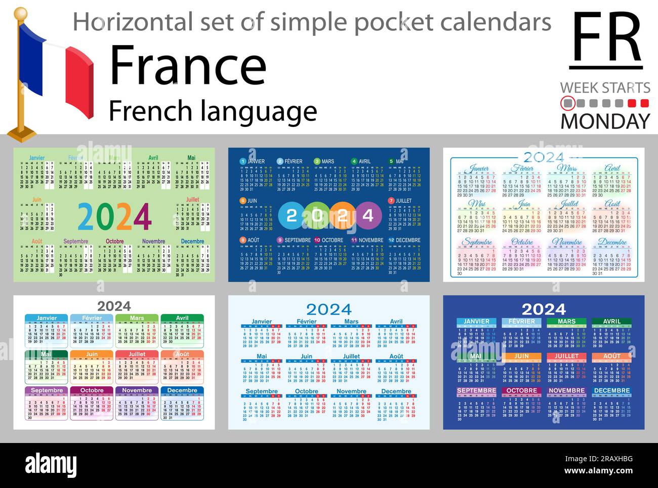 French horizontal set of pocket calendar for 2024 (two thousand twenty ...