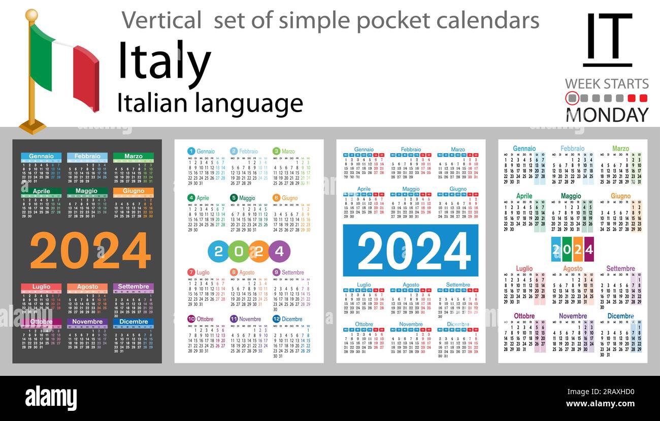 Italian vertical set of pocket calendar for 2024 (two thousand twenty ...