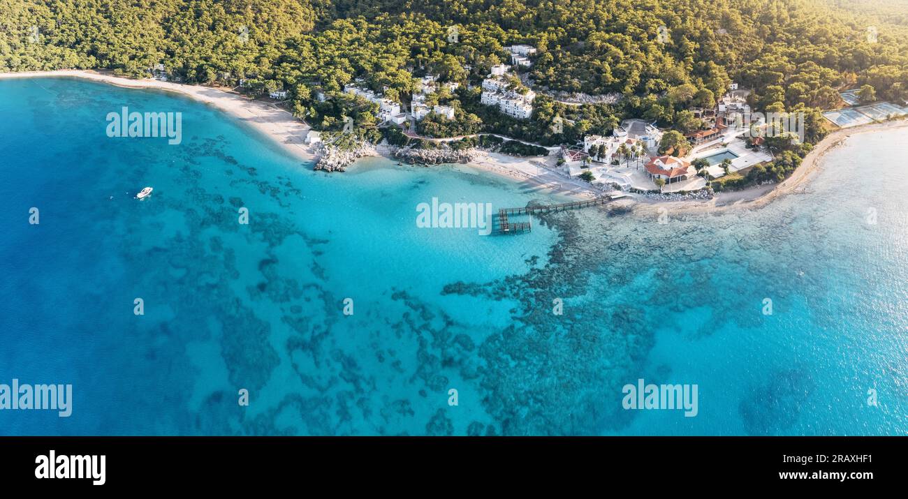 Aerial view of the paradisiacal idyllic coast with a beach and a small ...