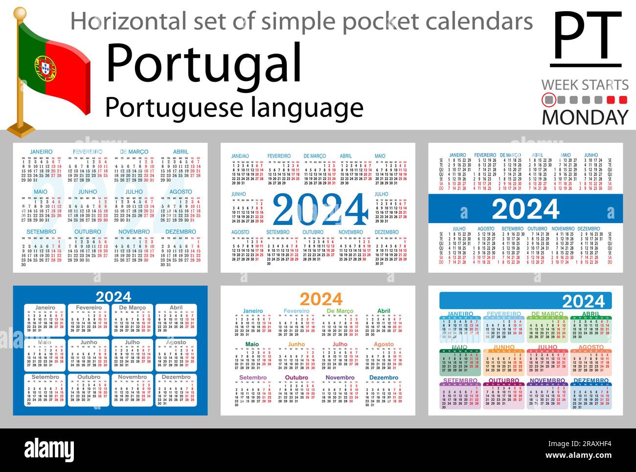 Portuguese horizontal set of pocket calendar for 2024 (two thousand ...