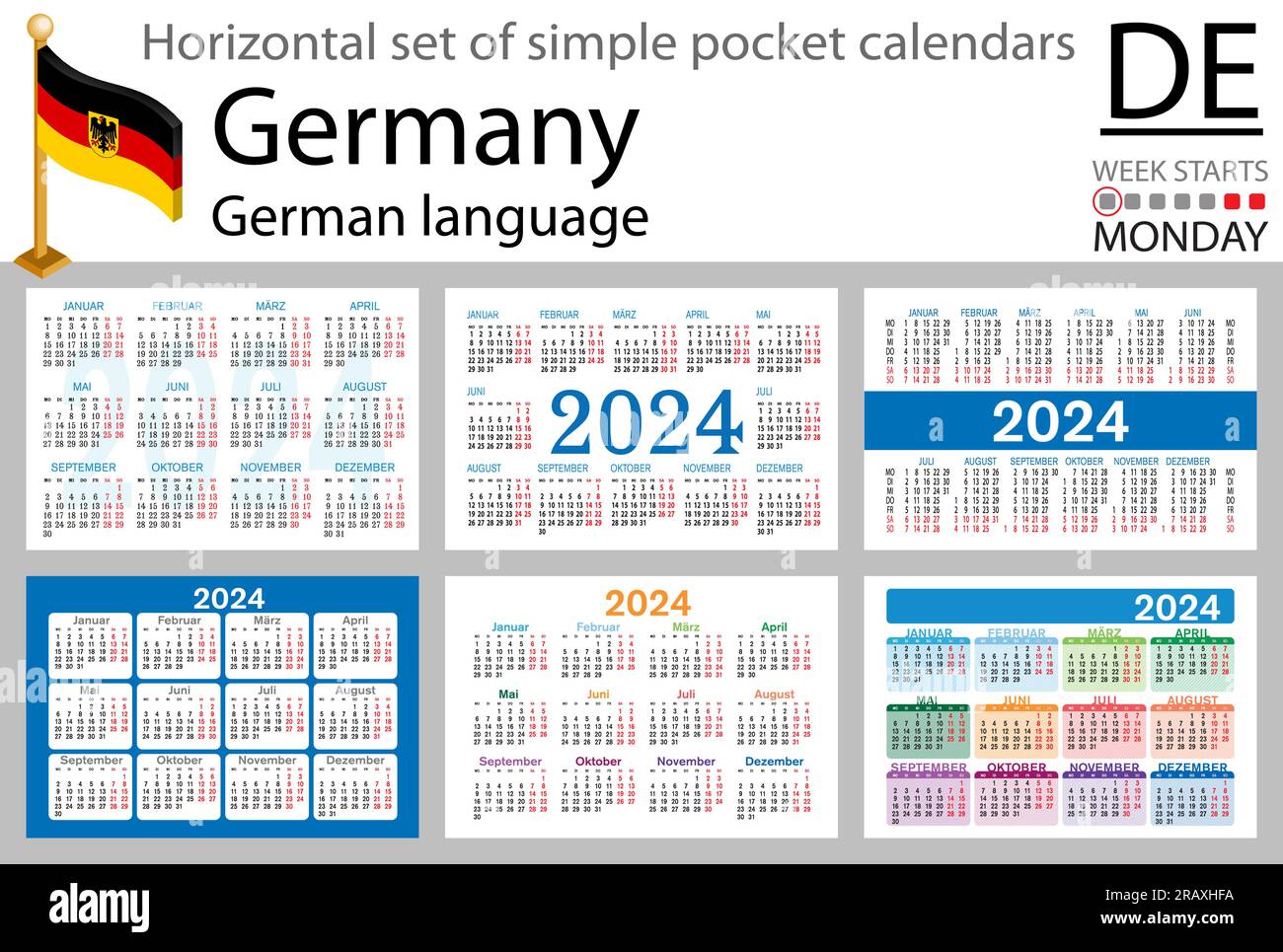 German horizontal set of pocket calendar for 2024 (two thousand twenty ...