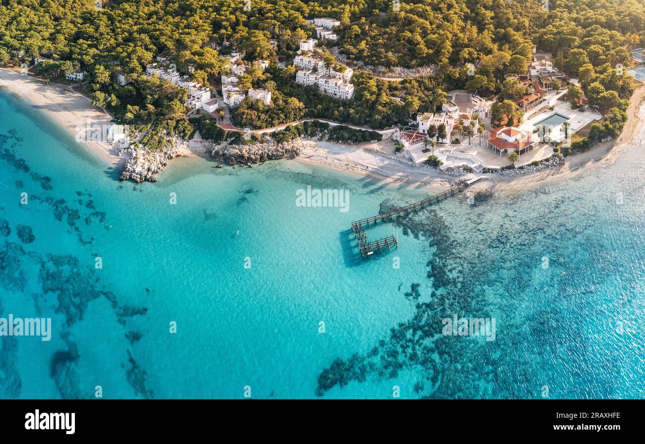 Aerial view of the paradisiacal idyllic coast with a beach and a small ...