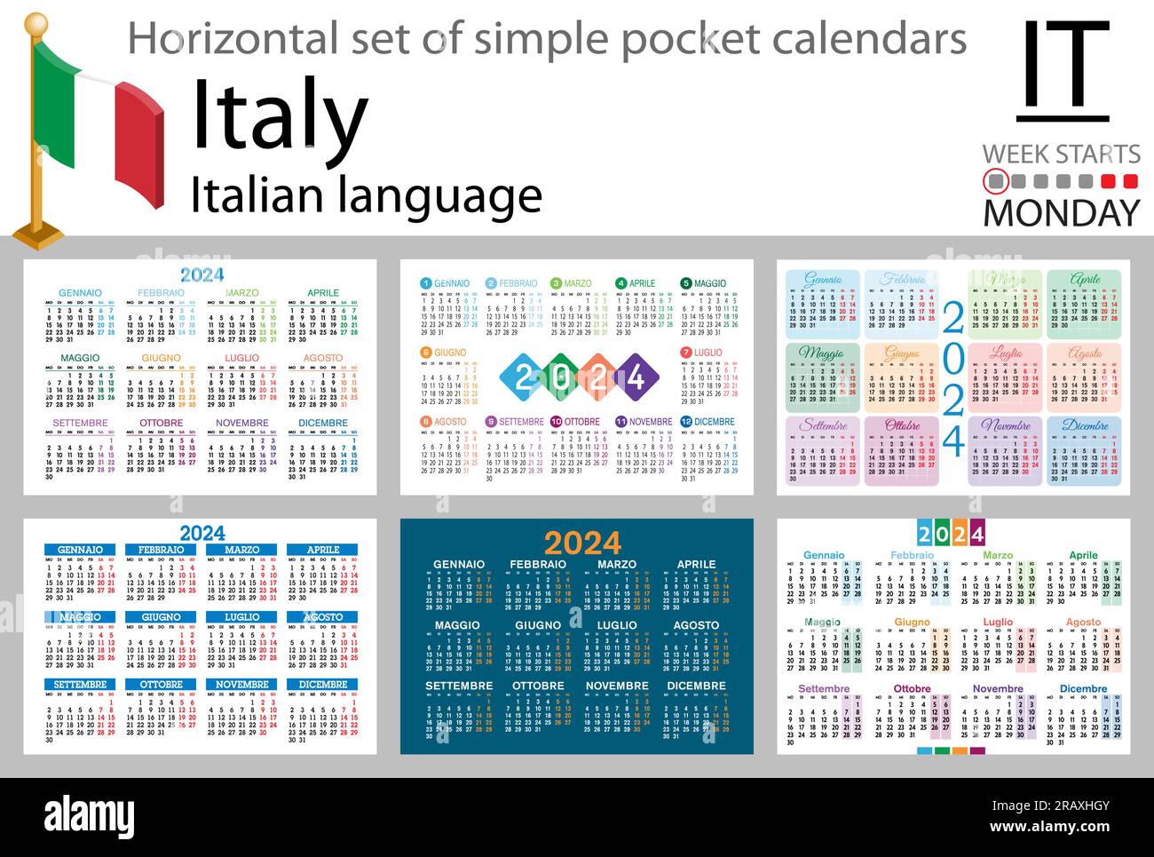 Italian horizontal set of pocket calendar for 2024 (two thousand twenty ...