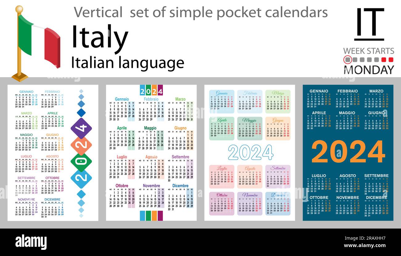 Italian vertical set of pocket calendar for 2024 (two thousand twenty ...