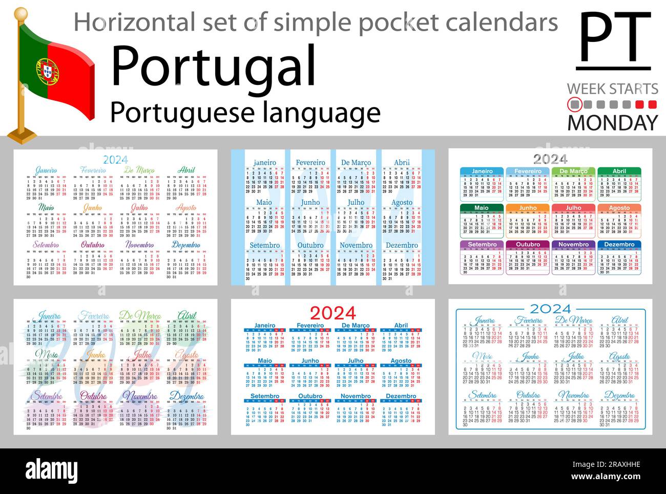 Portuguese horizontal set of pocket calendar for 2024 (two thousand ...