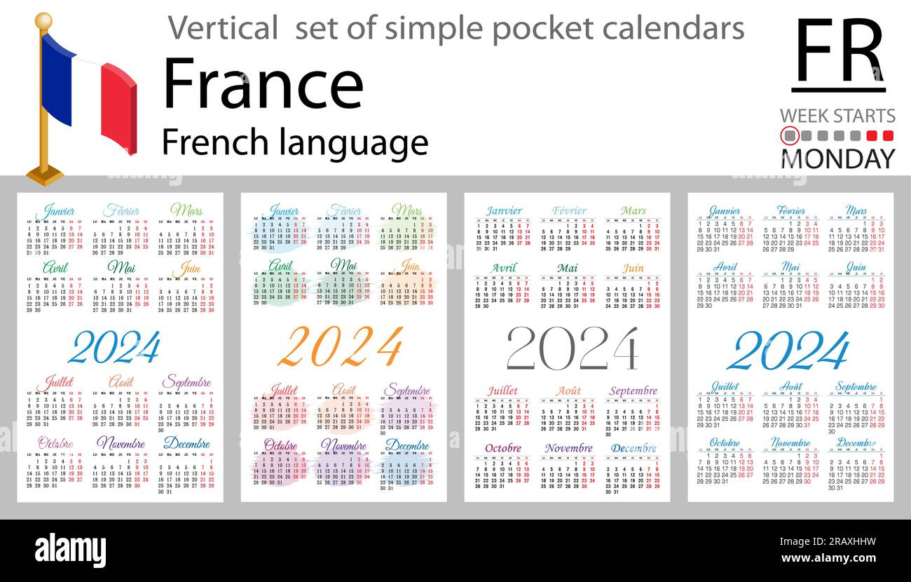 French vertical set of pocket calendar for 2024 (two thousand twenty ...