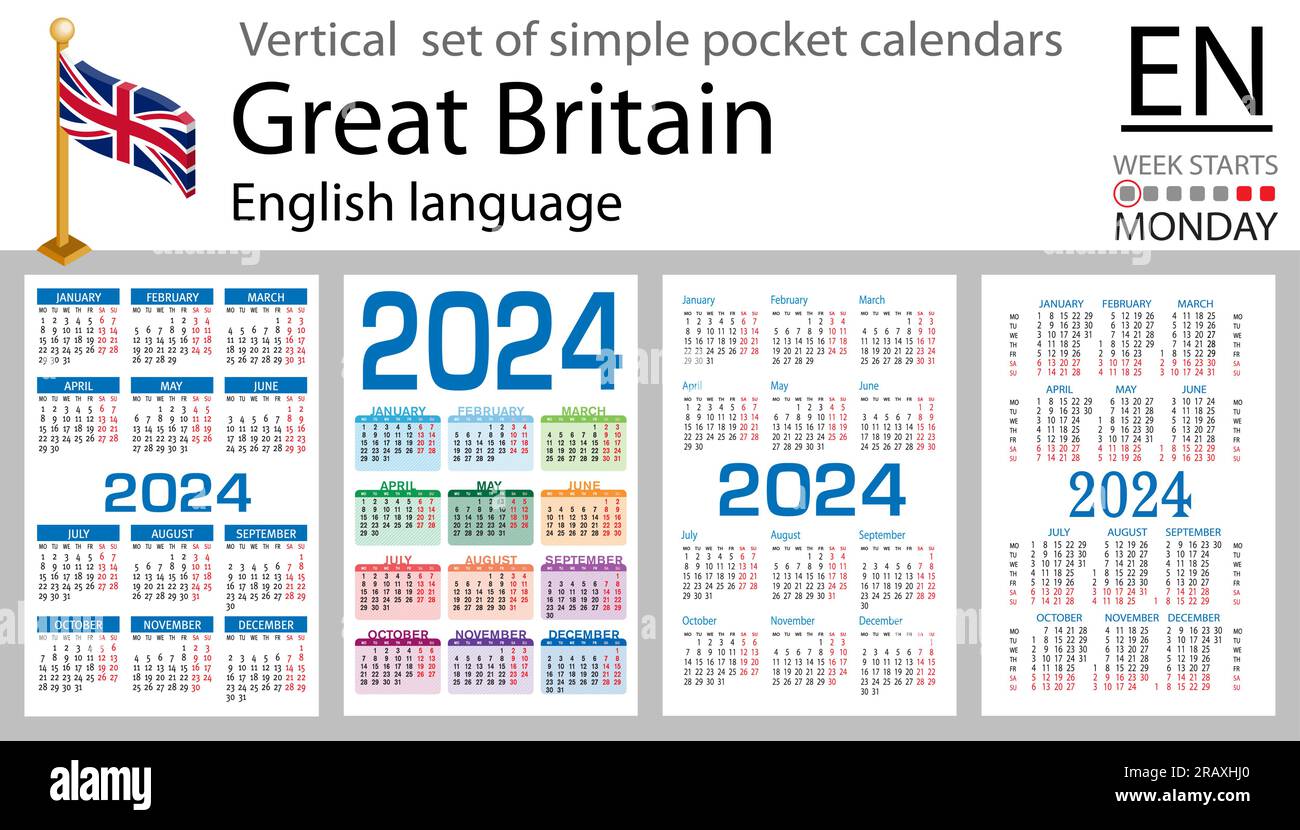 English vertical set of pocket calendar for 2024 (two thousand twenty ...