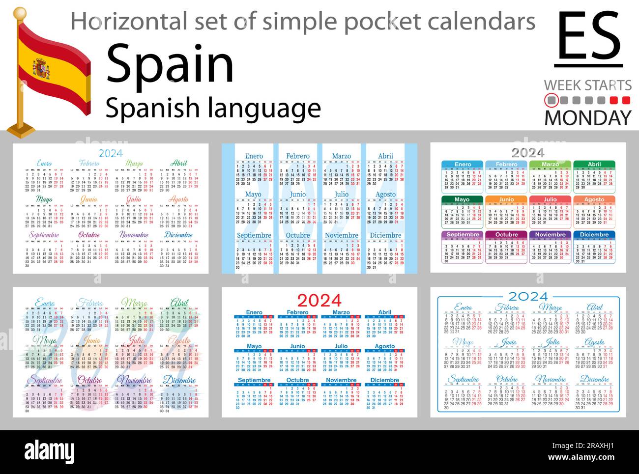 Spanish horizontal set of pocket calendar for 2024 (two thousand twenty ...