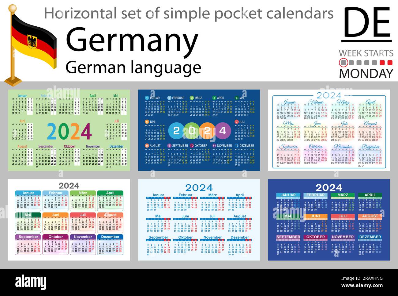 German horizontal set of pocket calendar for 2024 (two thousand twenty ...