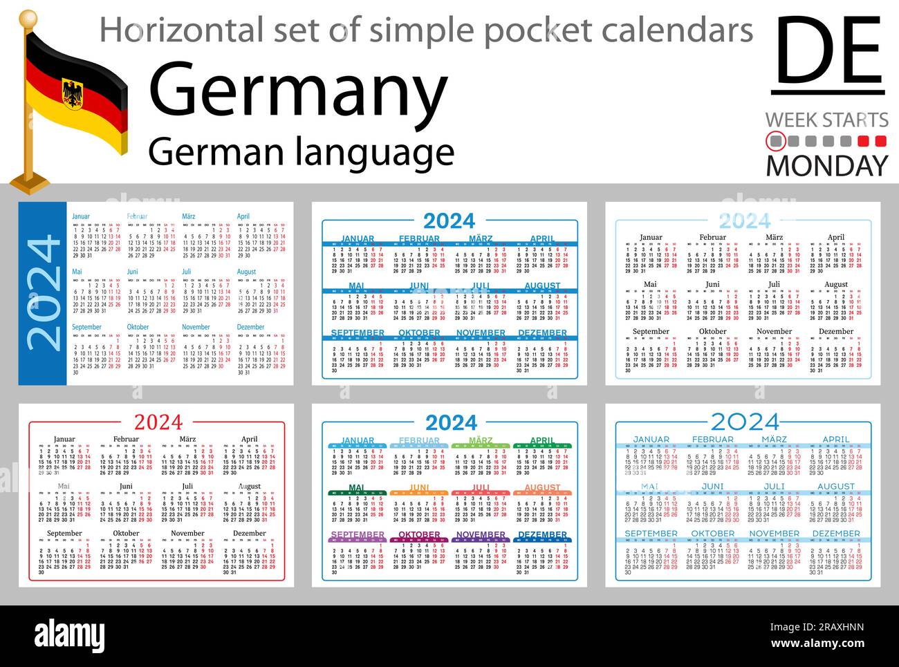 German horizontal set of pocket calendar for 2024 (two thousand twenty ...