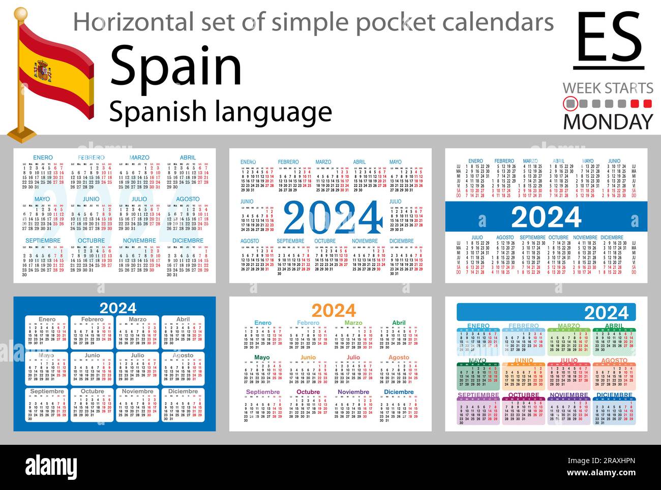 Spanish horizontal set of pocket calendar for 2024 (two thousand twenty ...
