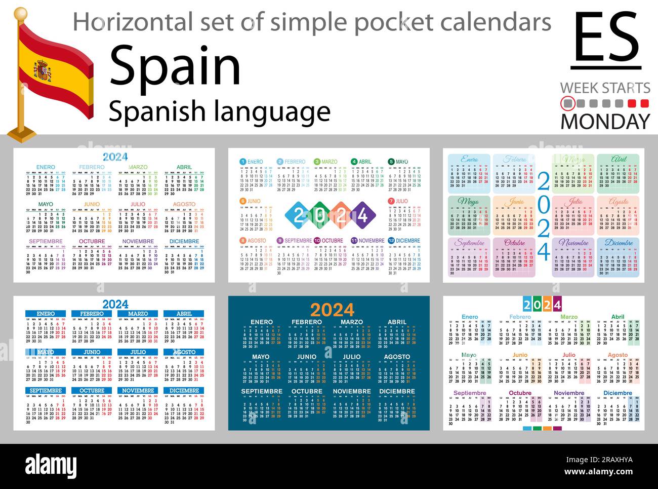 Spanish horizontal set of pocket calendar for 2024 (two thousand twenty ...