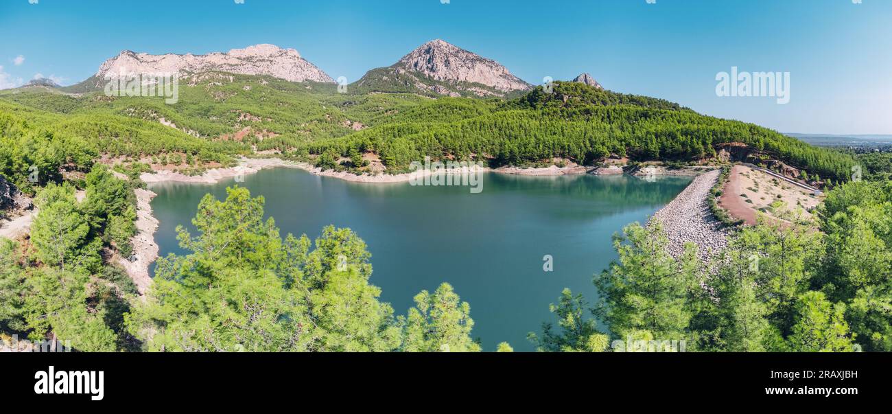 Aerial view of the reservoir pond with beautiful bluish green water ...