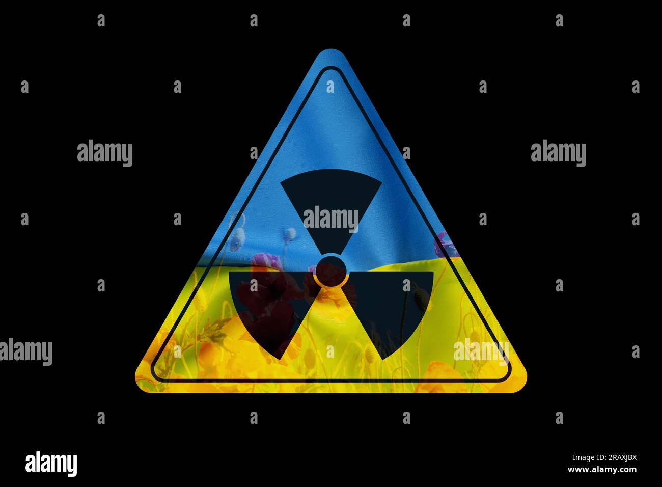 Radiation sign black and yellow and the flag of Ukraine and poppy ...