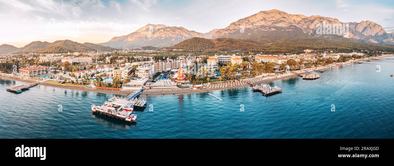 aerial shot, revealing a panoramic vista of Kemer's hotels, beautiful ...