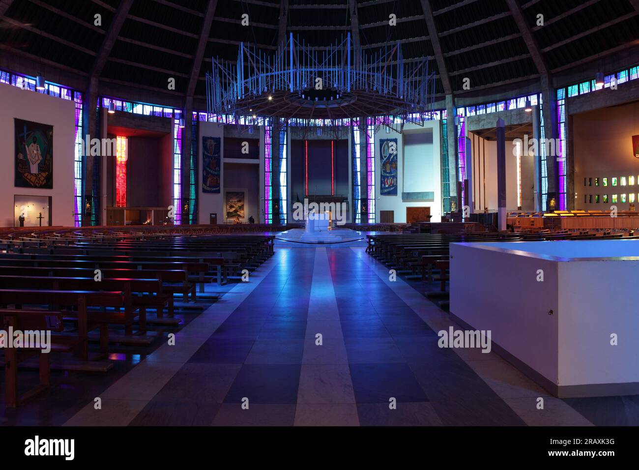 Liverpool Metropolitan Cathedral's interior, stained glass and circular ...