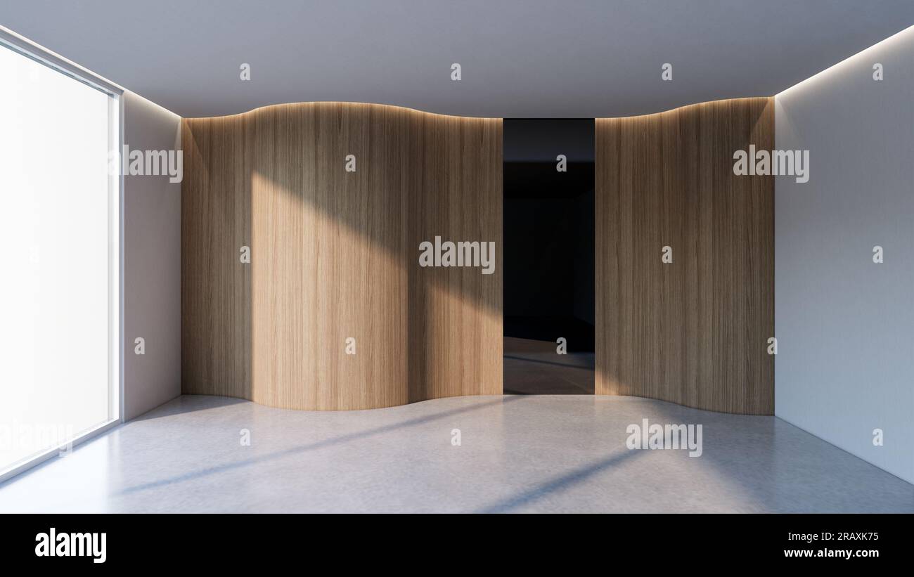 Modern empty room with vertical wooden slats. 3d illustration render ...