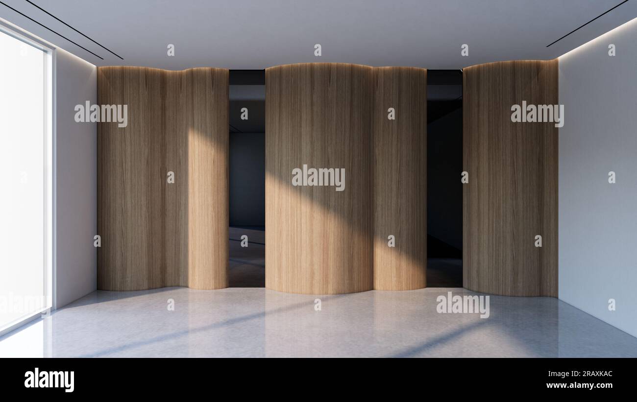 Modern empty room with vertical wooden slats. 3d illustration render ...