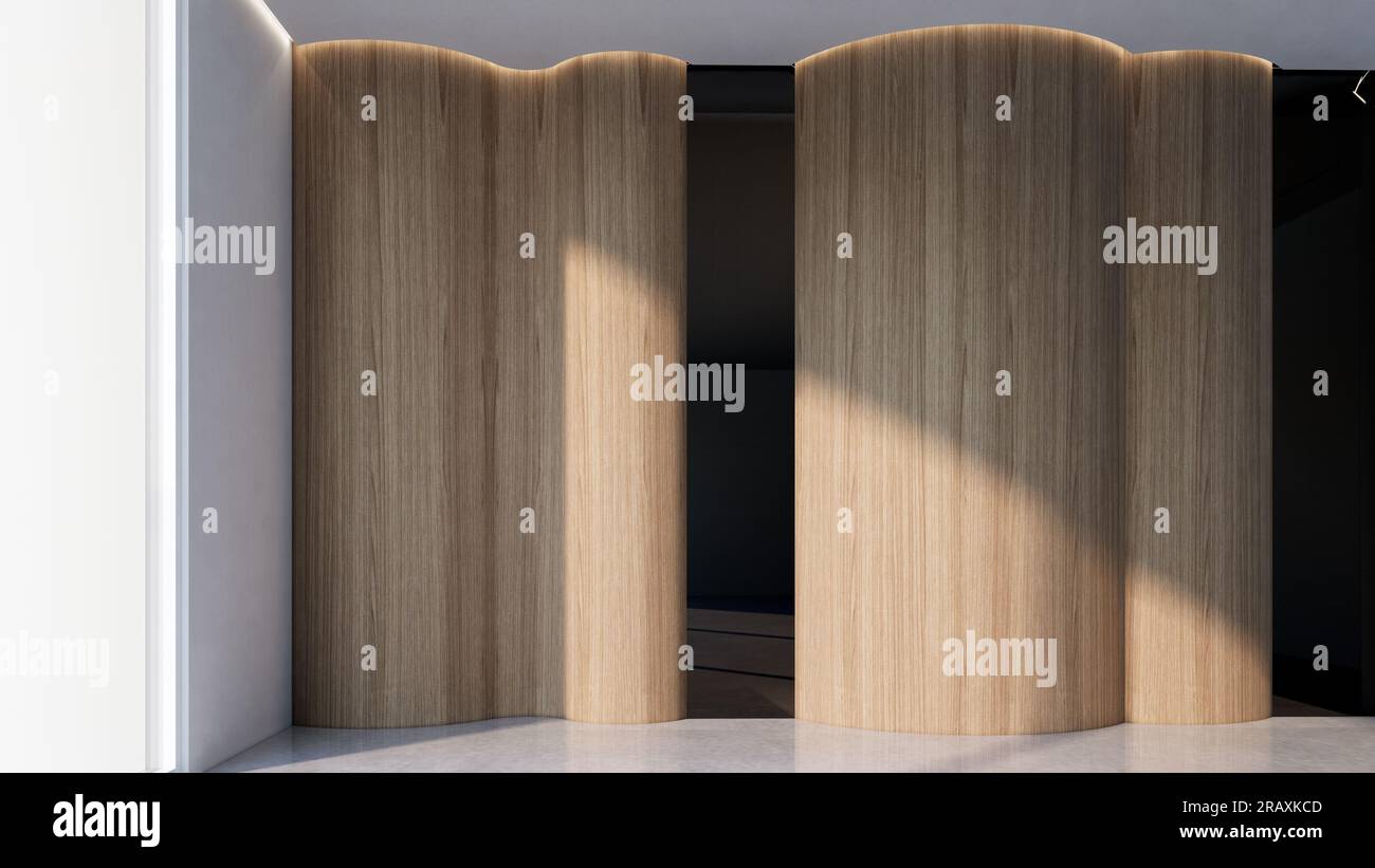 Modern empty room with vertical wooden slats. 3d illustration render ...