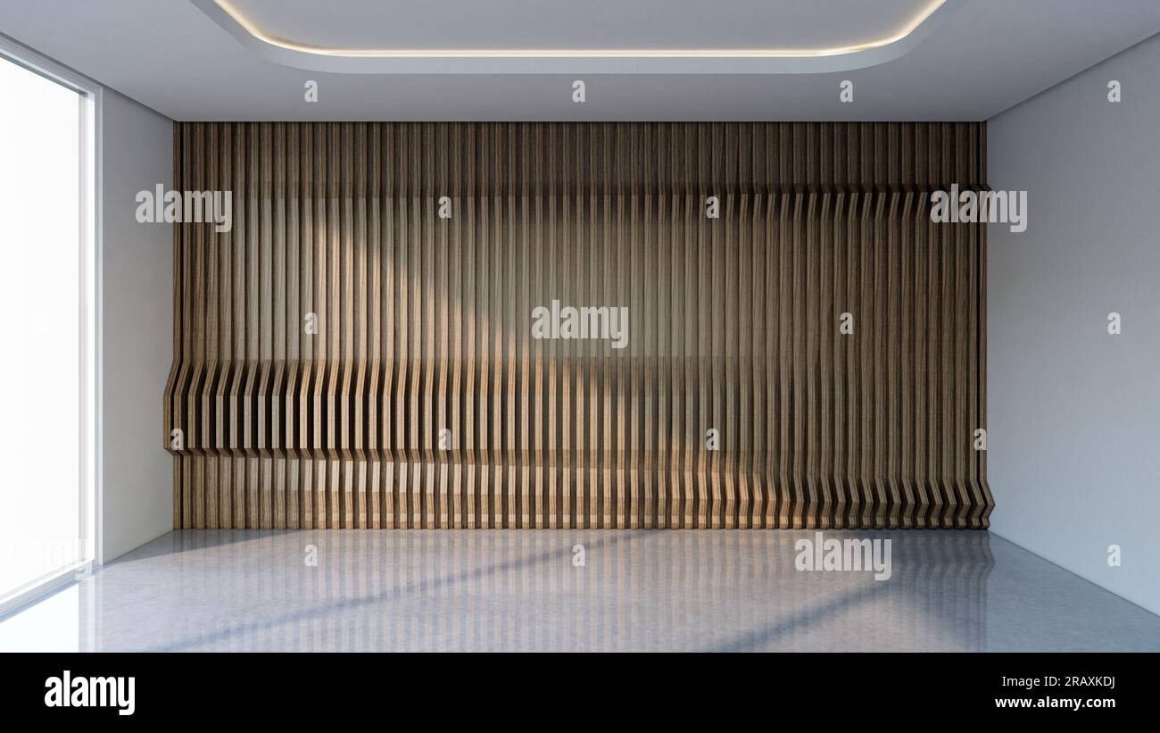 Modern empty room with vertical wooden slats. 3d illustration render ...
